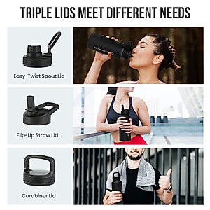 BE THE WATER 32 oz Sports Water Bottle with a Pouch 3 Lids 2 Straws - Keeps Hot and Cold Water, Leak Proof, Double Walled Vacuum Insulated Stainless Steel, Metal Water Bottles