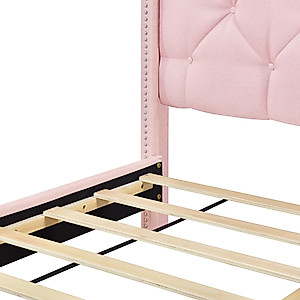 Upholstered Queen Size Platform Bed with 2 Drawer,Linen Fabric Solid Wood Bed Frame with Tufted Nail Head Board. Suitable for Children and Teenagers (Pink#1^)