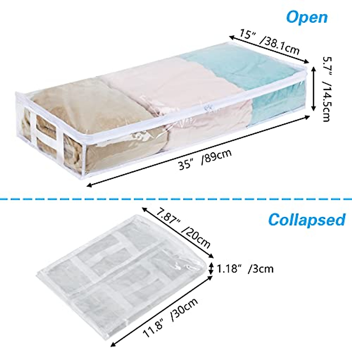 Fixwal Under Bed Storage Bag Plastic, 4 Pack Large Capacity Storage Containers with Clear Window Reinforced Handles Easy Gliding Zipper for Comforters Blankets Bedding