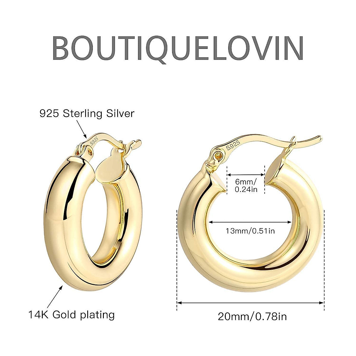 BOUTIQUELOVIN 14K Gold Plated Chunky Hoop Earrings for Women Lightweiht Tube Hoops Hypoallergenic Sterling Silver Post Thick Hoop Earrings