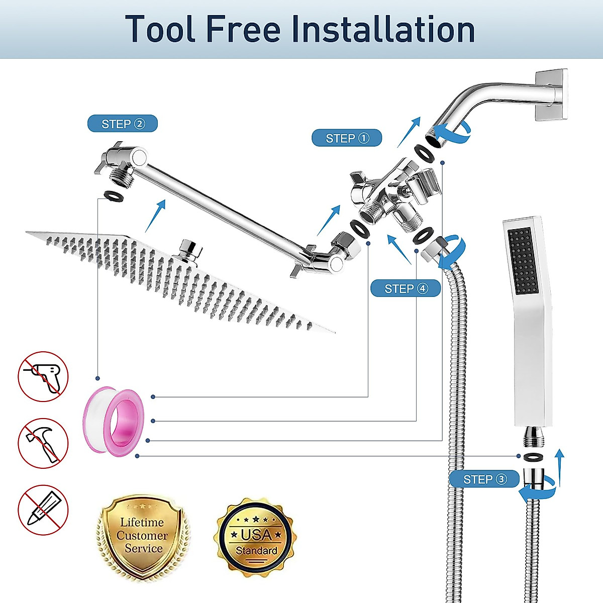 Psylc 10 Inch (All Metal) Rain Shower Head With Handheld, High Pressure Dual Shower Head Combo With Adjustable Extension Arm, 70" Flexible Hose, 3-Way Diverter - Height/Angle Adjustable(Chrome)