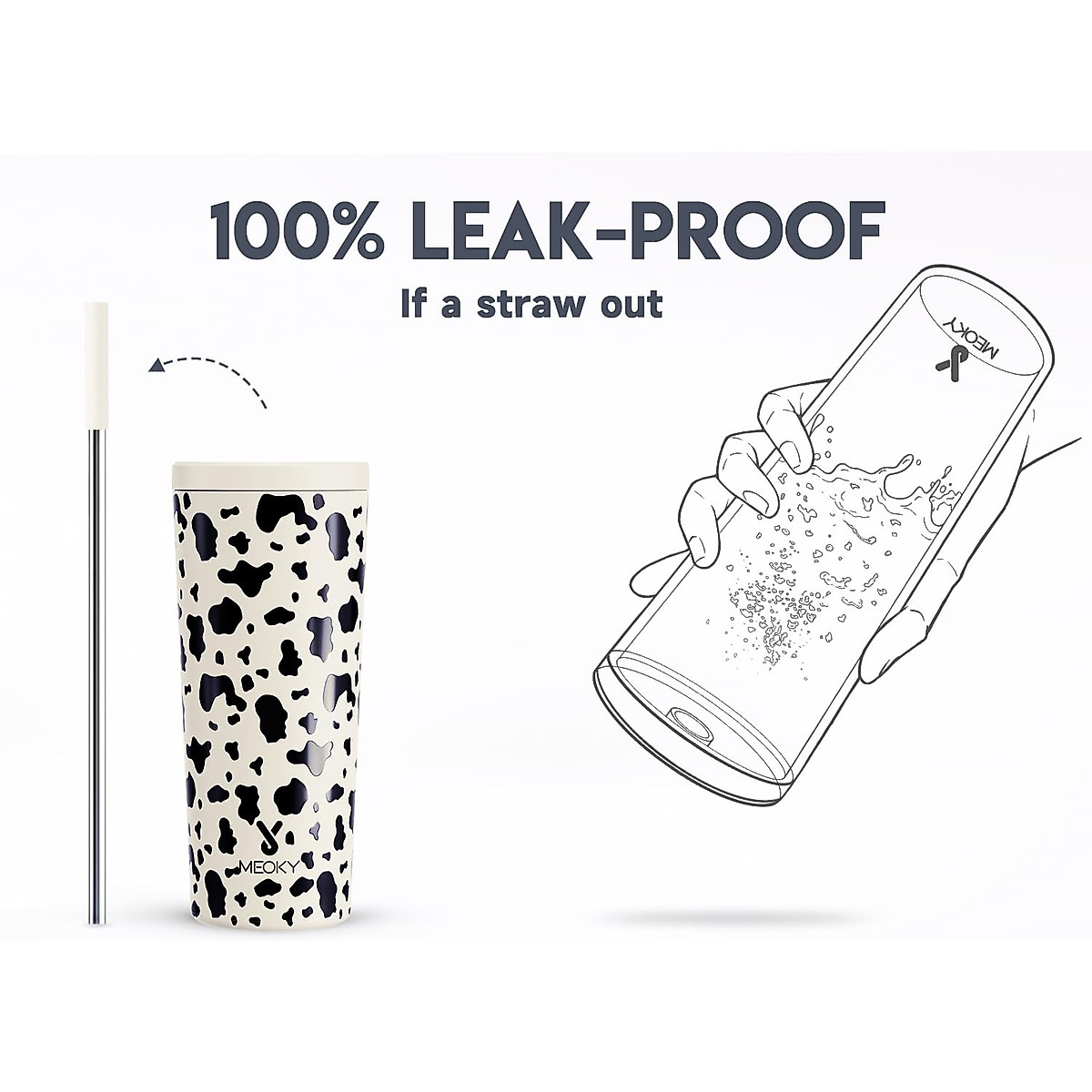 Meoky 24 oz Insulated Tumbler with Lid and Straw, Stainless Steel Vacuum Insulated Tumbler, Keeps Cold for 24 Hours, 100% Leak Proof, Fits in Car Cup Holder (Cow)
