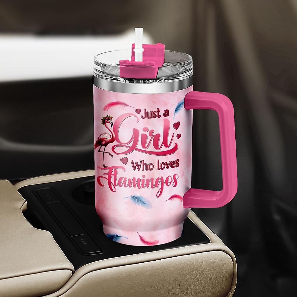 Red Steel Women Adults For Coffee Flower Tumblers Stainless Rose Simple Handle Quartz, Tumbler 40 Oz With Handle Lid And Straw, Funny Flamingo Tropical Floral, Flamingo Gifts