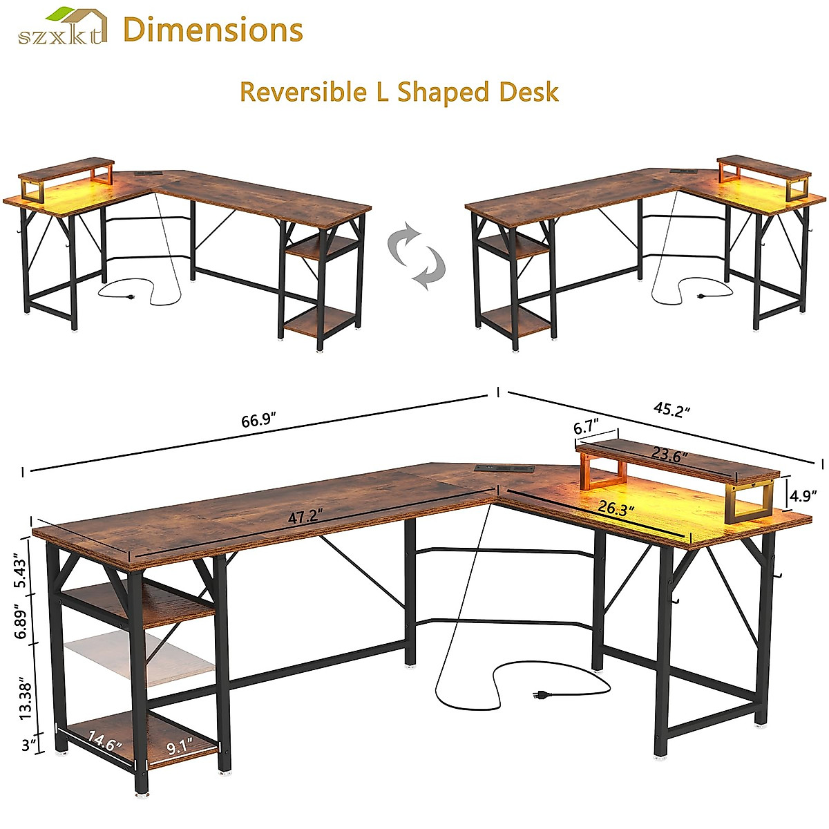 SZXKT L Shaped Gaming Desk with Power Outlets and Monitor Stand, Computer Desk with LED Lights,Home Office Desks Large Writing Study Table Workstation with Hooks Desk for Bedroom, Rustic Brown