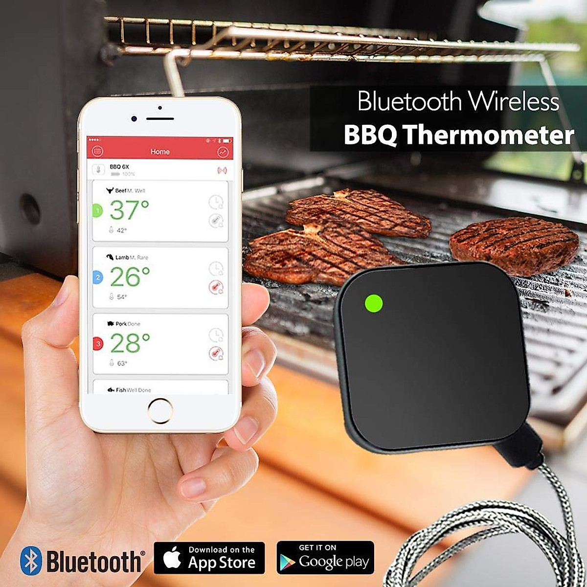 Smart Bluetooth BBQ Grill Thermometer - Upgraded Stainless Probe Safe to Leave in Oven, Outdoor Barbecue or Meat Smoker - Wireless Remote Alert iOS Android Phone WiFi App - NutriChef PWIRBBQ40