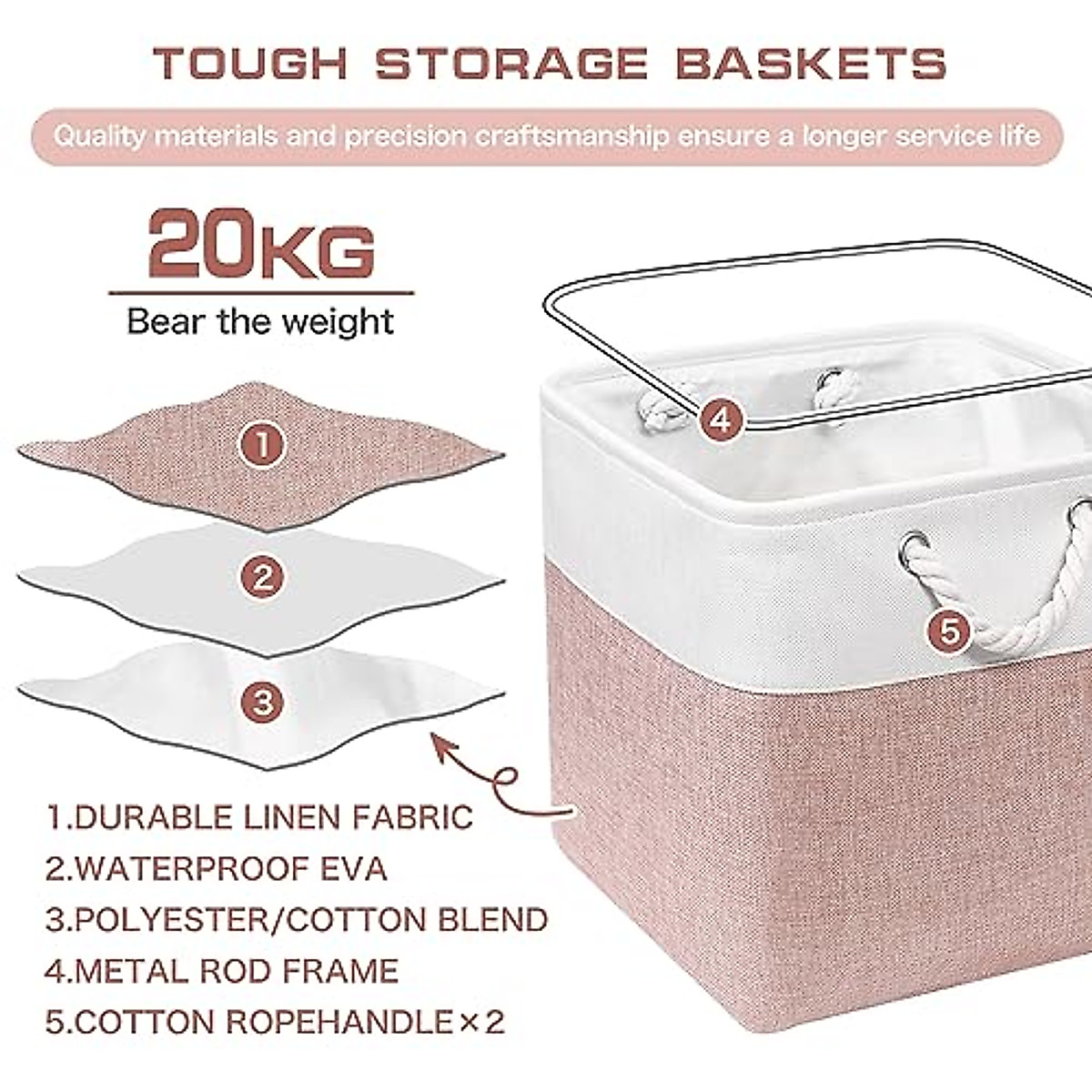 AUSSIY Cube Storage Bin, Collapsible Fabric Storage Bins With Handles, For Clothes Storage, Toys, Book , 13×13×13inches, Pack of 6 (White Pink)