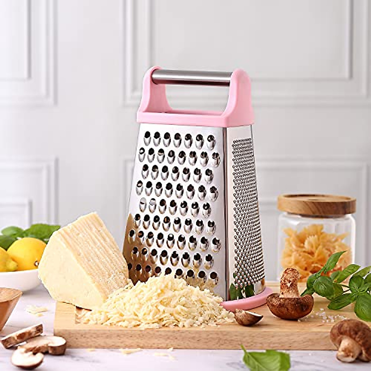 Spring Chef Professional Stainless Steel XL Parmesan Cheese Grater with Handle - 4 Sided Box Grater for Kitchen - Dishwasher Safe Carrot Shredder for Potato, Vegetables, Ginger - Pink Lemonade