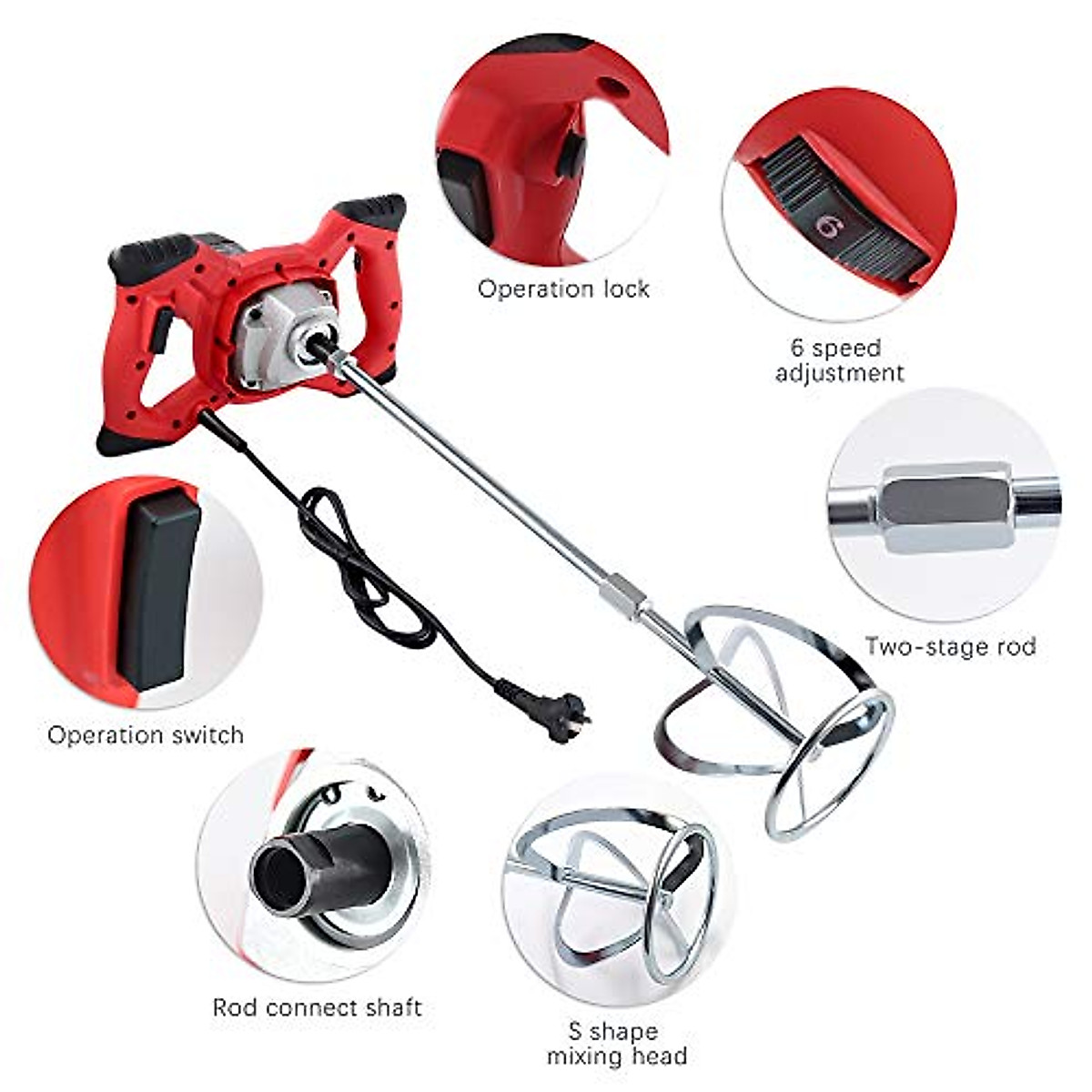 BriSunshine Electric Handheld Cement Mixer,2100W Concrete Paint Mixer Drill,Portable Mud Mixers for Mixing Mortar Plaster,6 Speed Adjustment 110V(UL Certified)