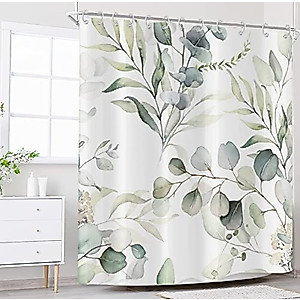 GCIREC Eucalyptus Leaf Shower Curtains, Sage Green Spring Botanical Watercolor Plants Bathroom Curtains Bathtub Home Decor Waterproof Fabric Machine Washable with 12 PCS Hooks
