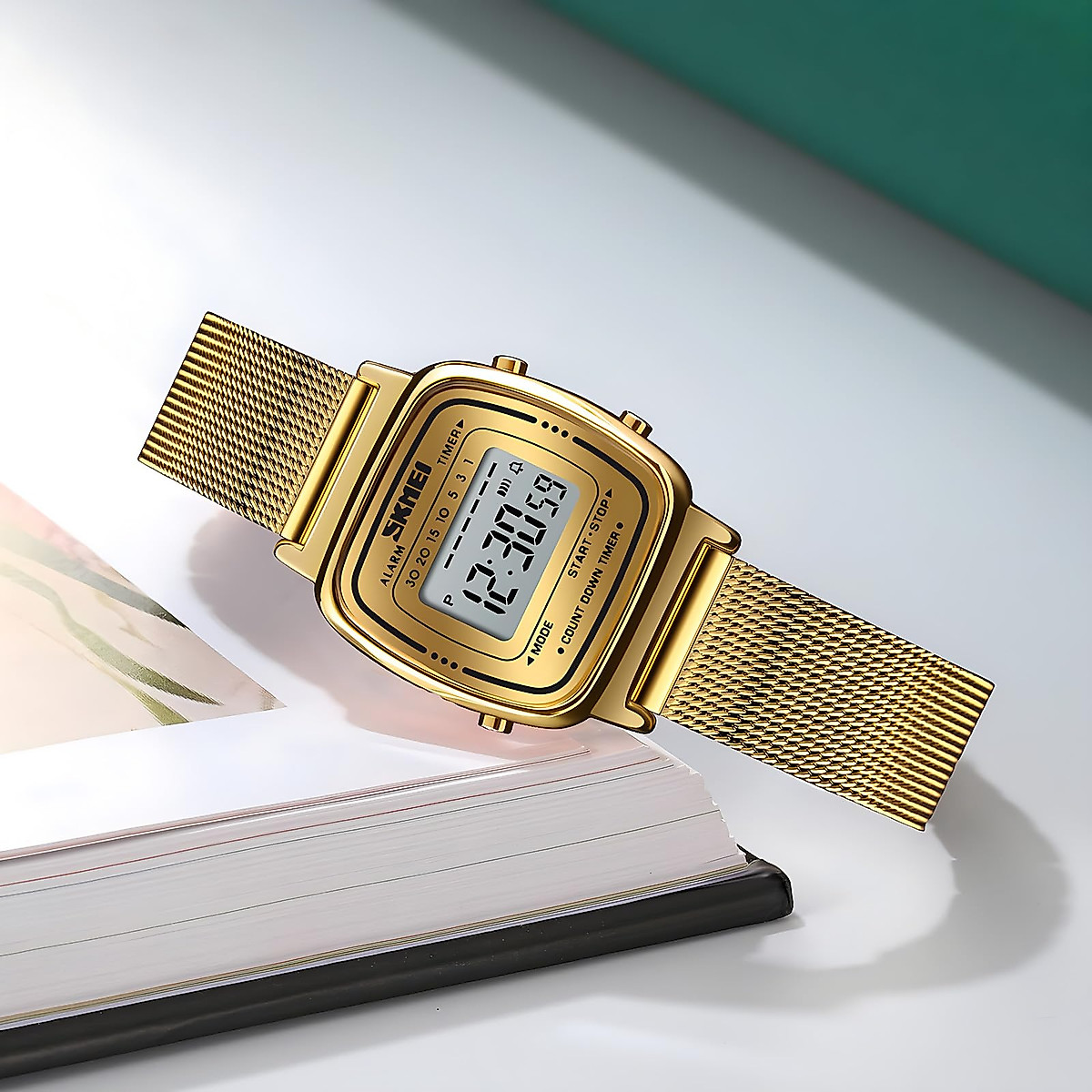 MASTOP Women's Digital Watches Ultra-Thin Gorgeous Simple Petite Wrist Watches Small Dial Mesh Steel Bracelet (Gold)