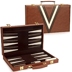 AMEROUS Backgammon Set, 15'' Folding Classic Board Game with Leather Case, Gift Package, Instruction, Portable Travel Strategy Backgammon Game Set for Adults, Kids