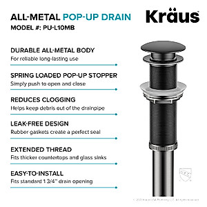 Kraus PU-L10MB Bathroom Pop-Up Drain Assembly for Vessel Sinks Without Overflow, with Extended Thread for Thicker Countertops, 10 3/4 Inch, Matte Black