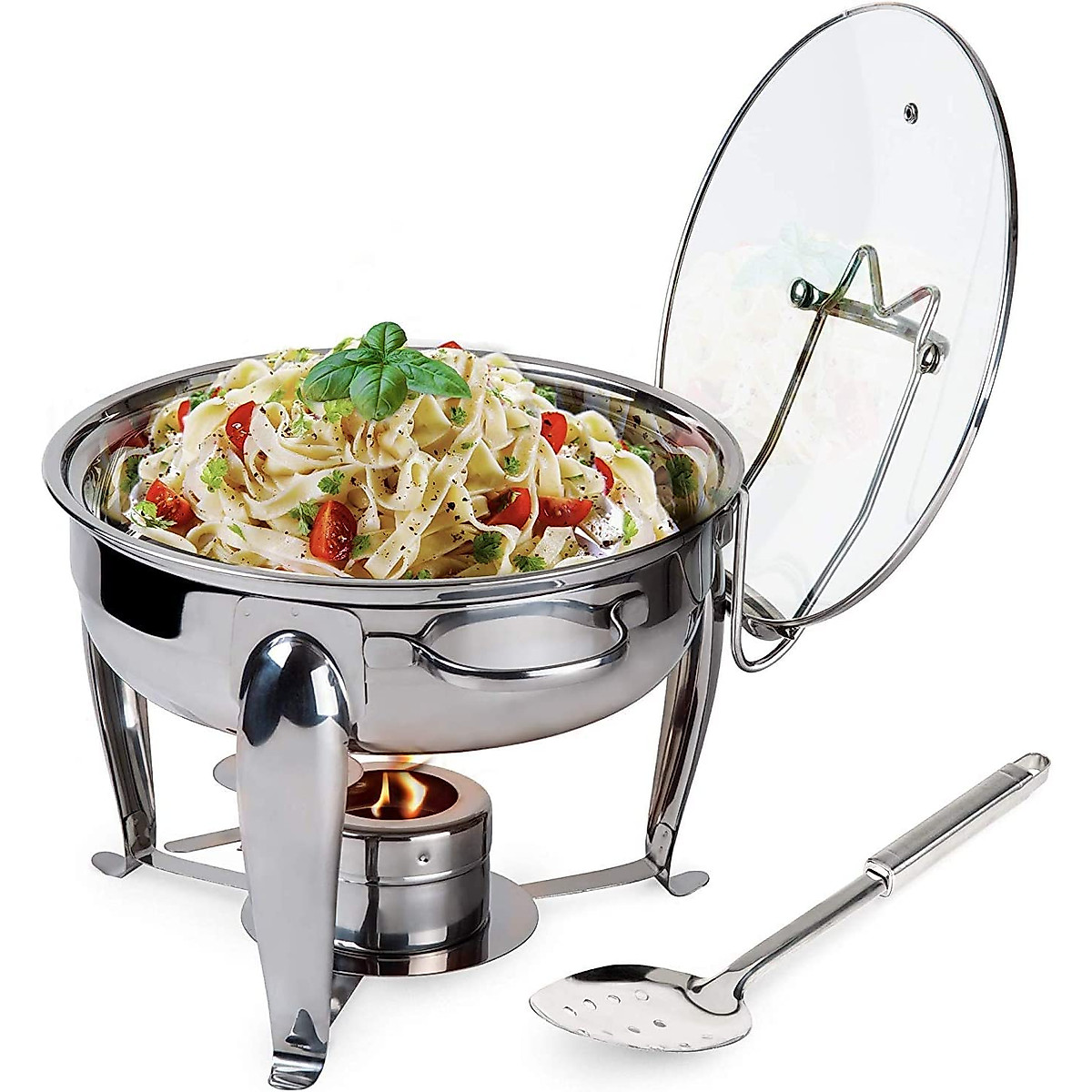 4 Quart Round Stainless Steel Chafing Dish with Bonus Slotted Spoon and Drip Tray for Lid| Keeps linens Dry | for Wedding, Graduation, Events, Parties | Sterno Holder…