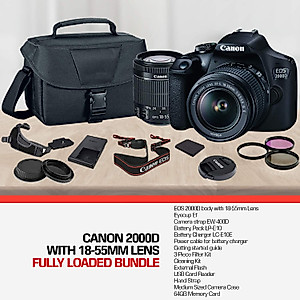 Canon Rebel T7 DSLR Camera (2000D) with EF-S 18-55 mm f/3.5-5.6 Lens + 32GB Memory Card + Camera Bag + Cleaning Kit + Table Tripod + Filters (Renewed)