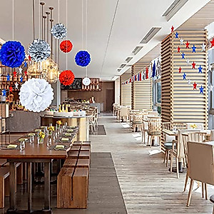 PheiLa 30 Pcs Tissue Paper Pom Poms Red White Navy Blue Silver Tassels Garland Glitter Stars Paper Garlands Patriotic Decorations Nautical Party Supplies Photo Booth Props Backdrop Door Wall Decor