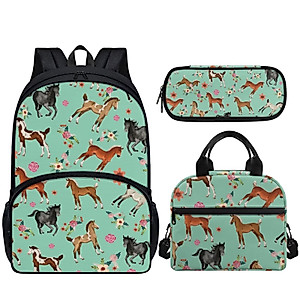 Parprinty Cute Girls Backpack with Lunch Box Pencil Case Multi Pockets Large Green Floral Horse School Backpack and Lunch Bag Set for Girls Student Lightweight Basic Comfy Book Bag 17 Inch