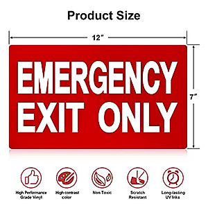 Emergency Exit Only Signs Stickers-Emergency Exit Only-Vinyl Door Sign Self Adhesive Stickers-12 x 7 Inches Emergency Exit Only Label Decal -Laminated for Ultimate UV-Resistant PVC - Weather&Scratch Resistant -Indoor & Outdoor Use-White Text on Red Base (