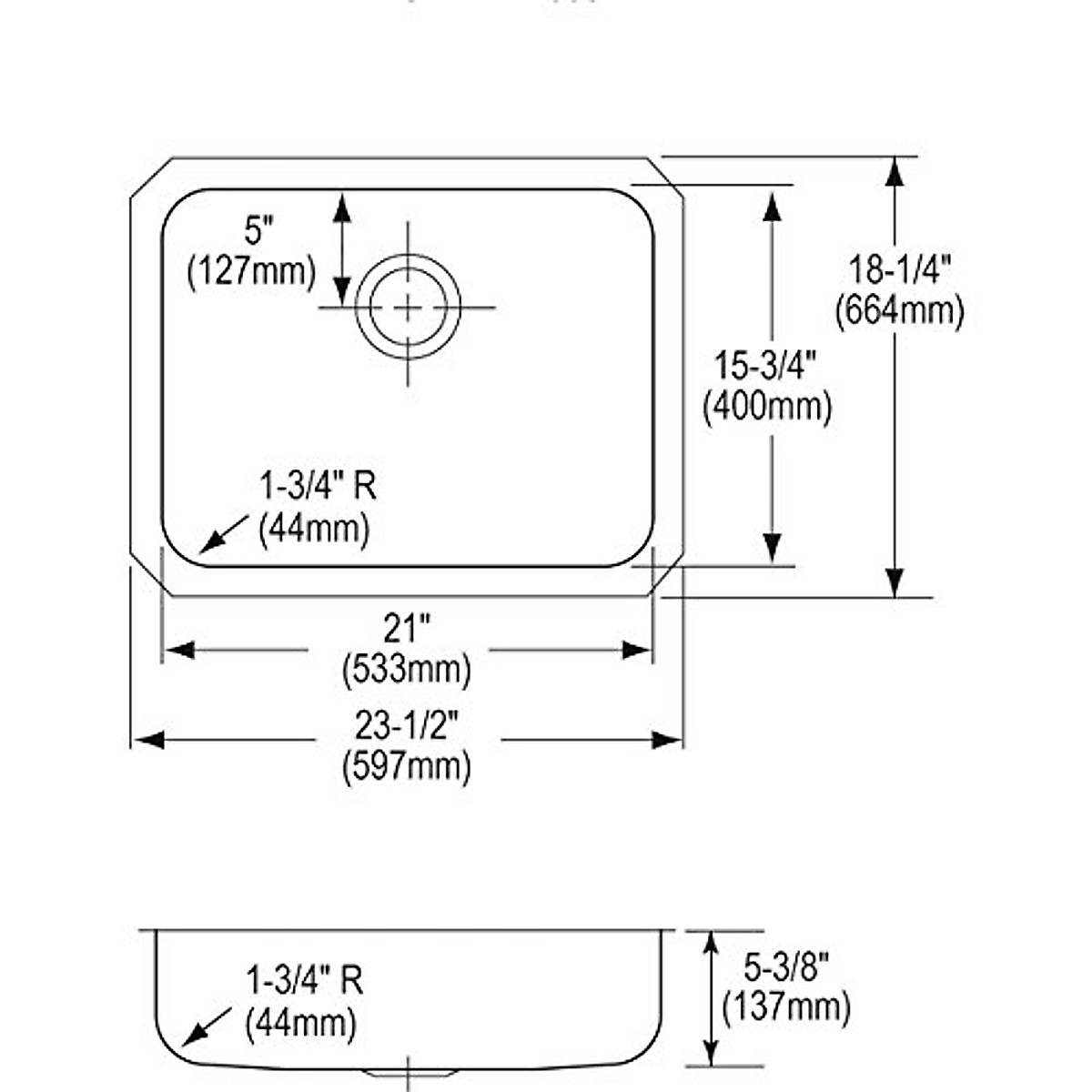 Elkay Lustertone Classic ELUHAD211555 Single Bowl Undermount Stainless Steel ADA Sink 23.5 x 15.75 x 5.375 inches