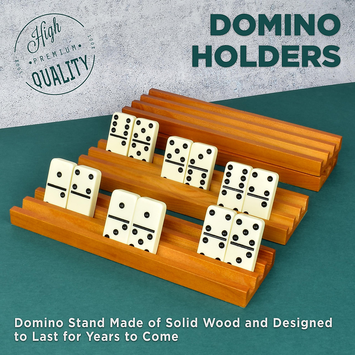 Queensell Domino Holders for Classic Board Games - Wooden Domino Racks Set of 4 - Mexican Train Dominoes Accessories - Domino Trays for Tiles Family Games (Large)