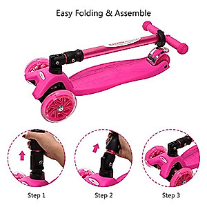 ChromeWheels Scooters for Kids, Deluxe Kick Scooter Foldable 4 Adjustable Height 132lbs Weight Limit 3 Wheel, Lean to Steer LED Light Up Wheels, Best Gifts for Girls Boys Age 3-12 Year Old, Pink