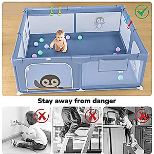 Baby Playpen for Babies and Toddlers, 71 x 59 inch Extra Large Baby Fence with Unique Little Penguin Character Design, Li'l Pengyu Soft Breathable Mesh Baby Playard for Indoor & Outdoor (Blue)