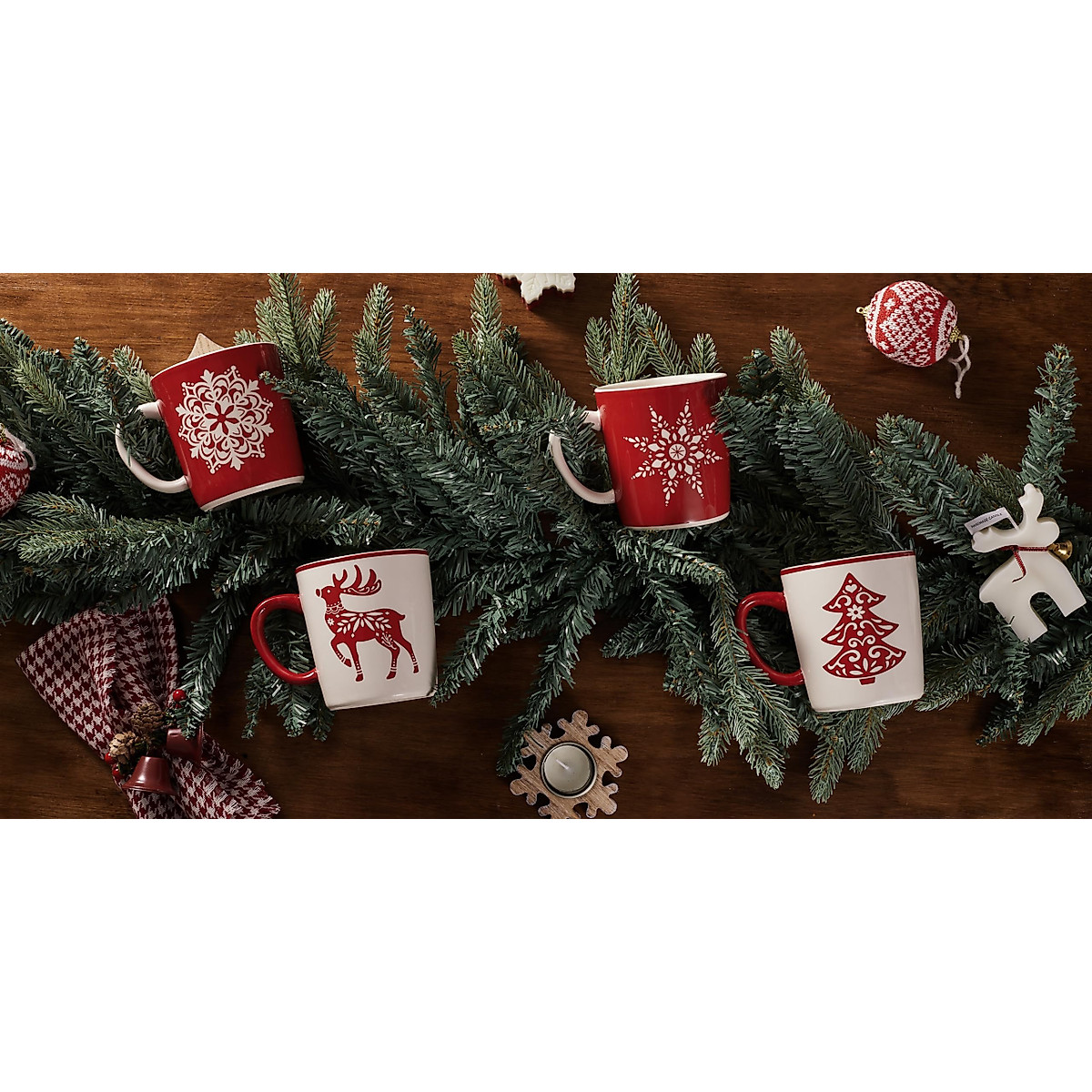 Bico Holly Jolly Ceramic Mugs, Set of 4, for Coffee, Tea, Drinks, Microwave & Dishwasher Safe