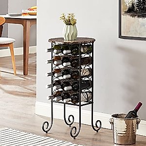 VECELO Metal Wine Rack Console Table, Freestanding Floor Bottles Organizer & Display Shelf with Faux Marble Finish Top, for Bar Kitchen Dining Living Room, Small Spaces, Holds 15, Black