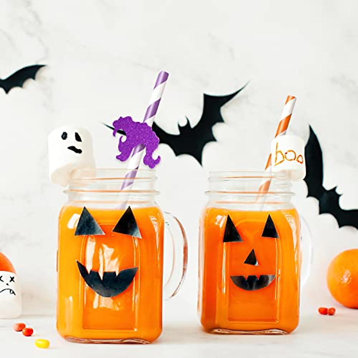 Whaline Halloween Paper Straws Hocus Pocus Glitter Witch Disposable Paper Straws with Glue Points Yellow Orange Purple Stripe Witch Drinking Straws for Halloween Party Supplies Decoration, 30Pcs