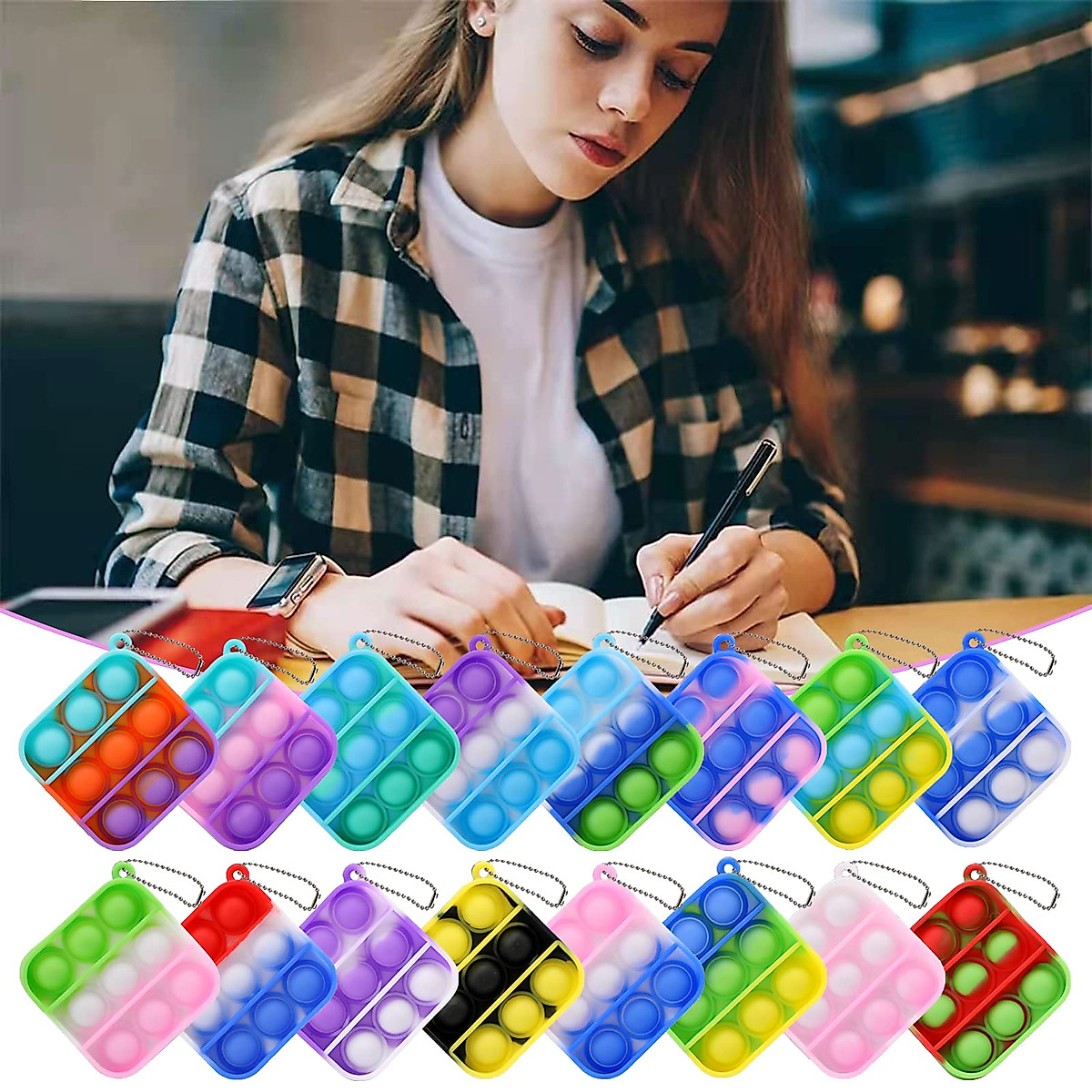 32 Pcs Mini Pop Fidget Toy Pack Simple Bubble Popping Keychain, Squeeze Rainbow Stress Relief Sensory Hand Toy, Office Desk Push Pops Bulk Toys for Kids Christmas Party Favors Student Gifts