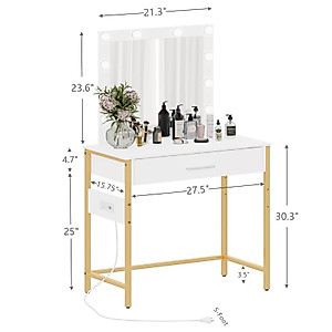 Irontar Makeup Vanity Table with Charging Station and USB Ports & Power Outlets, Bedroom Vanity Desk with Lights and Mirror for Women, Makeup Table with Drawer, White