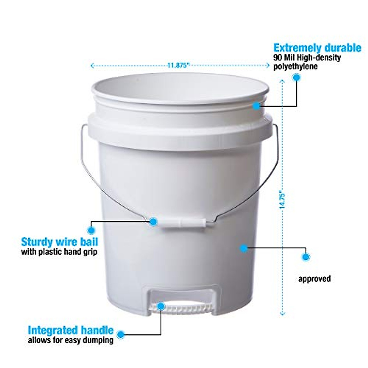 Hudson Exchange 5 Gallon Bucket with Bottom Grip Handle, HDPE, White