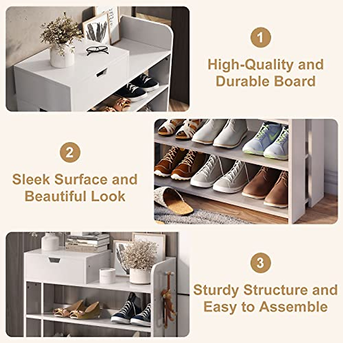 BURENMTO 5-Tier Wooden Storage Organizer, 29.5" Wide Vertical Shoe Rack for Closet Large Entryway Shoe Rack 15 Pairs Corner Tall Organizer Shoe Shelf with Drawer