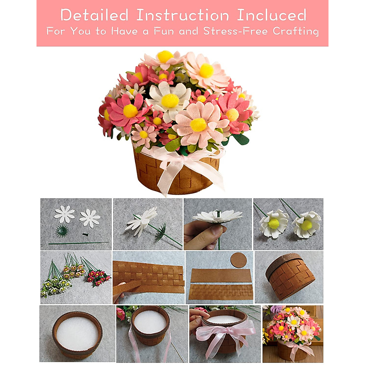 BAZIMA DIY Felt Flower Art Craft Kit, DIY Felt Daisy Pot Bonsai Kit, 33 Daisies,Floral Gifts,Beginner Craft Kit,Arrange Pre-Cut Felt Flowers and Foliage