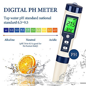 PH Meter & TDS Meter Digital Water Tester 5 in 1 Salinity Tester PH Temp EC and TDS Meter,PH Meter for Water with LCD Backlit,Water Testing Kits for Drinking Water,Wine,Swimming Pool,Hot Tub Spas.