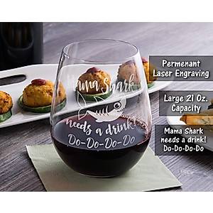 Custom-Engraved-Glasses-by-StockingFactory Mama Shark Needs a Drink Do Do Novelty Stemless Wine Glass First Mother's Day from Daughter, Son Funny Sayings for New Mom, Wife, Baby Shower