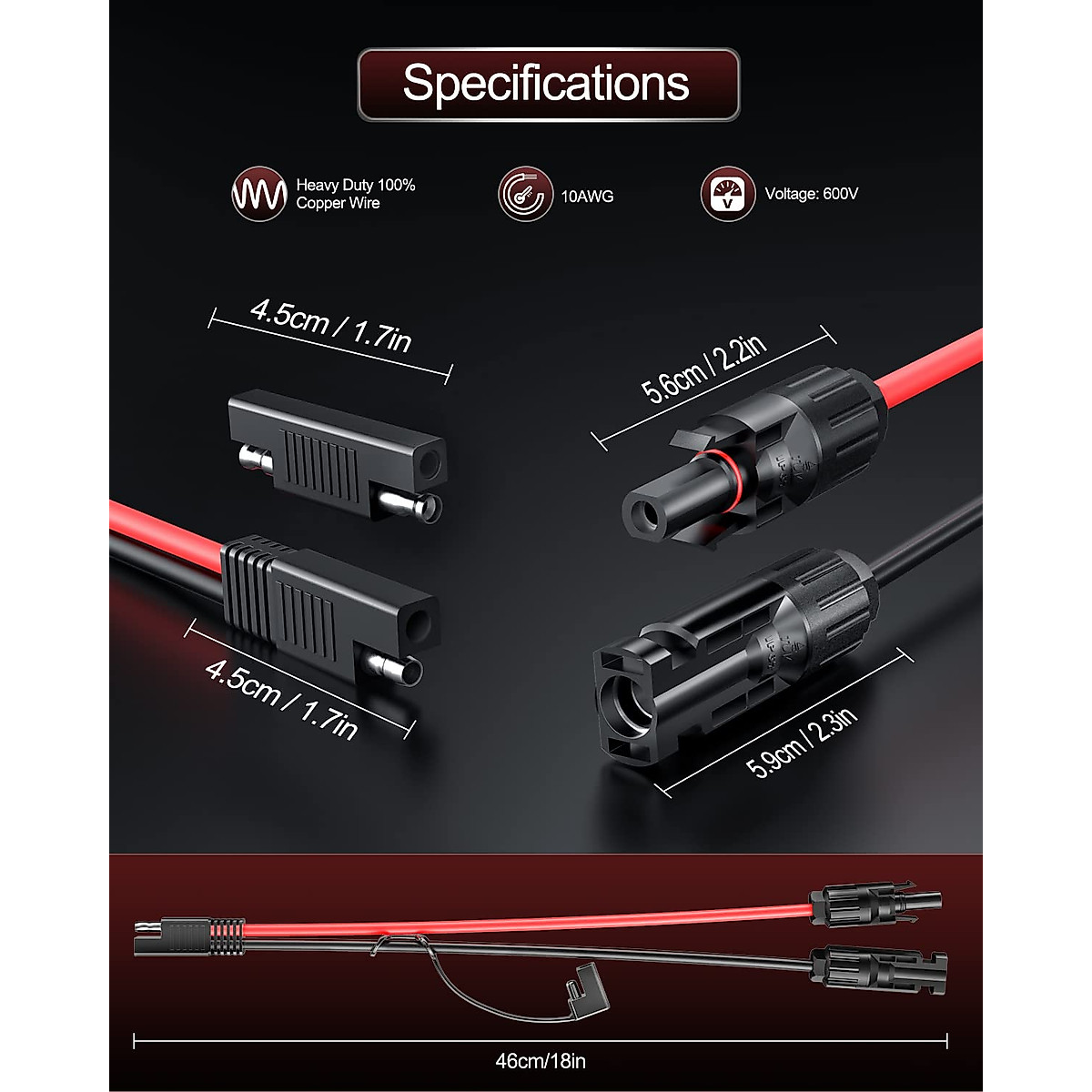 RANDPOW Solar Panel Connector Cable, 10AWG Solar to SAE Cable PV Extension Wire, SAE Connector to Solar Connectors Adapter RV Solar Panel DC Power Battery Charger with SAE Polarity Reverse Adapter