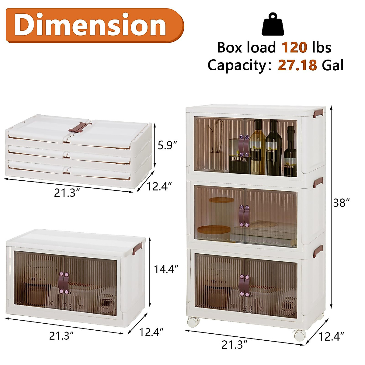 Auzfy Large Collapsible Storage Bins with Lids and Wheels,13 Gal/Pack Plastic Folding Clothes Closet Organizer System with Doors,Stackable Container Boxes for Organization and Storage(3 Packs)