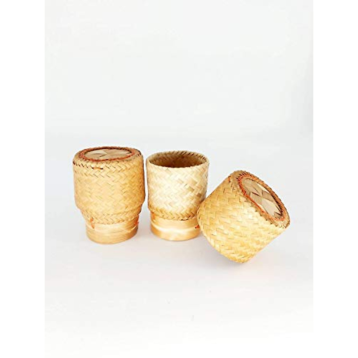 2 Sets of Mini Basket Size 8x8x11 cm. Handwoven Handmade Sticky Rice Serving Basket from Natural Bamboo