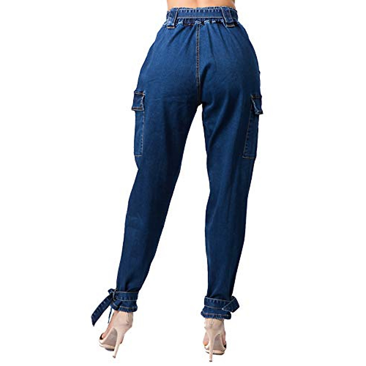 Twiin Sisters Women's Fashion Casual Stretch High Waist Denim Jeans Jogger Pants with Ankle Tie for Women - Small, Dark Blue