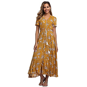 VintageClothing Women's Floral Maxi Dresses Boho Button Up Split Summer Casual Long Dress Beach Party Dress, L