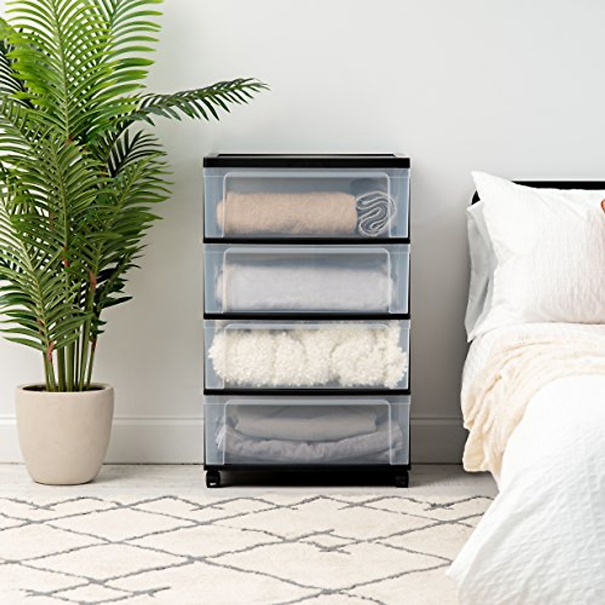 IRIS USA Plastic 4 Drawer Wide Storage Drawer Cart with 4 Caster Wheels for Home, Closet, Bedroom, Bathroom, Office, Laundry, Kitchen, Craft Room, Nursery and School Dorm, Black, Set of 1