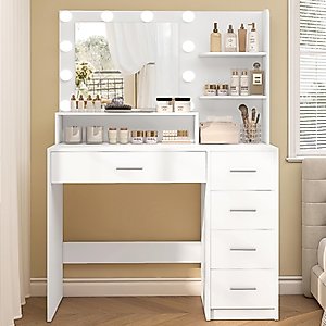 FGNTWP Makeup Vanity Desk with Mirror, 10 Lights, 5 Drawers, 3 Storage Shelves, 3 Color Modes & Adjustable Brightness Dressing Table, 35.4” Desk, White