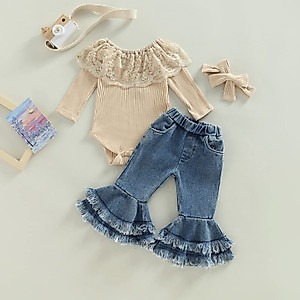 Balaflyie Infant Baby Girl Clothes Outfits Floral Ruffle Collar Long Sleeve Romper+Denim Flare Pants Bell Bottom Jeans