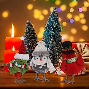 Prsildan Christmas Table Decorations Birds, Set of 3 Christmas Bird Figurine Table Top Decor, Green Red Gray Xmas Birds Ornaments for Winter Home Kitchen Fireplace Mantel Holiday Party