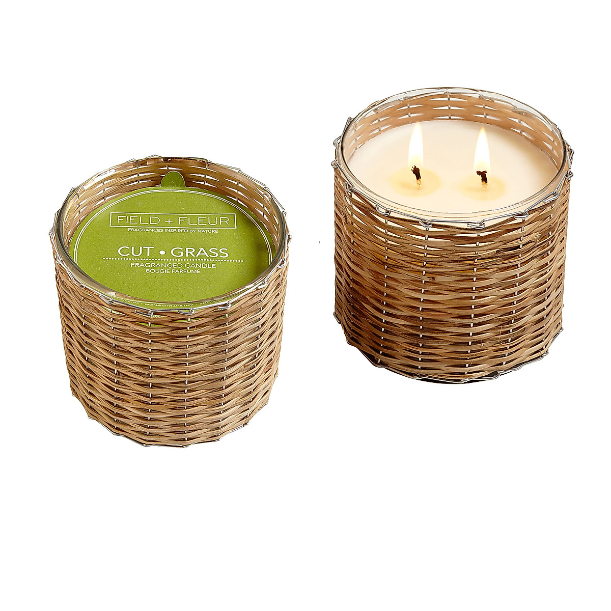 Field + Fleur by Hillhouse Naturals Cut Grass 2 Wick Woven Glass Candle Clover and Green Grass, This Fragrance finishes with Fresh-Cut Wisteria and jasmine-100% Soy Wax Blend Burn time 75+ Hours