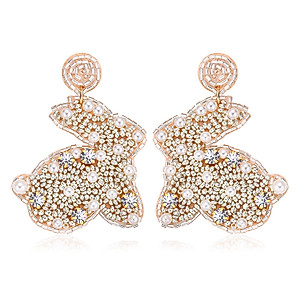 NVENF Zinc Beaded Easter Earrings for Women Easter Rabbit Bunny Dangle Earrings Sparkling Pearl Bead Drop Earrings Spring Holiday Jewelry Gifts (Silver)