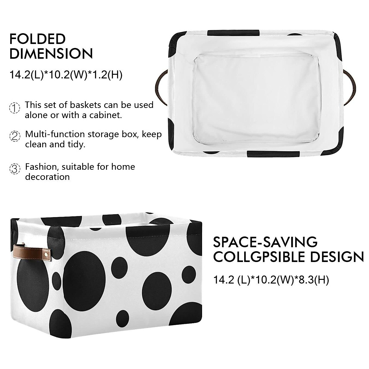Kigai Black and White Polka Dot Storage Basket, Foldable Canvas Cube Storage Bin with Handles for Home Office Closet, 1pcs