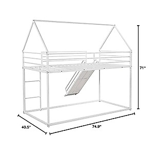 Twin Over Twin Bunk Beds with Slide, Metal Frame House Bunk Bed, Low Twin Bunk Beds with Built-in Ladder, No Box Spring Needed, White