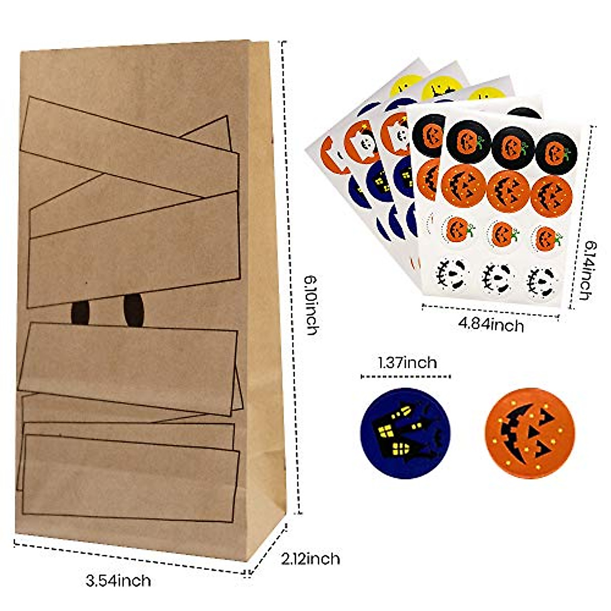 Kalolary 40Pcs Halloween Trick or Treat Goody Gags in 8 Designs, Paper Gift Bags Party Favor Candy Bags with 60Pcs Trick-or-Treat Stickers for Halloween Decoration