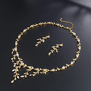 WeimanJewelry Women Marquise Cut Cubic Zirconia Leaf Bridal Y-Necklace and Dangling Earring Jewelry Set for Wedding (Gold style 2)